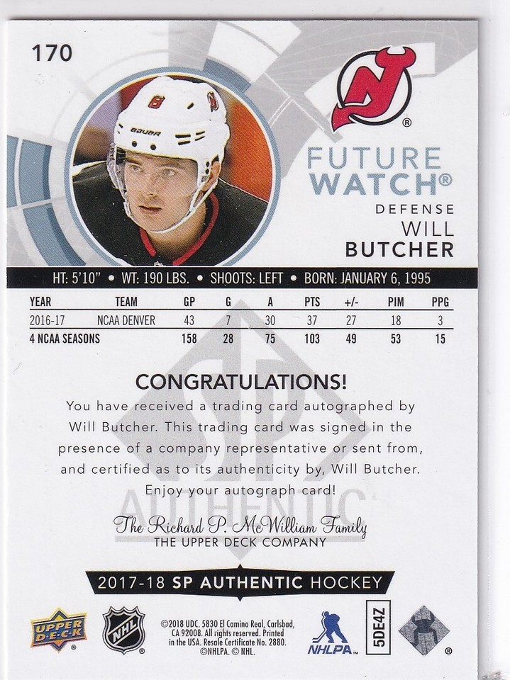 2017-18 UD SP Authentic Hockey Will Butcher Future Watch Auto #623/999 ...