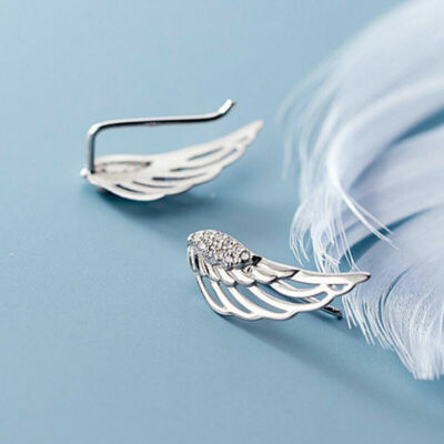 925 Sterling Silver Angel Wings Feather CZ Climber Crawlers Earrings ...
