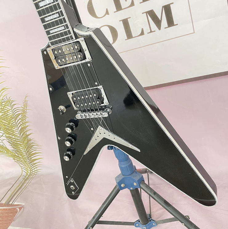 Flying V Left-handed Electric Guitar Black Strings Thru Body Bone Nut ...