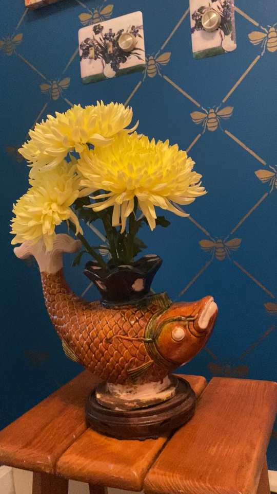 Chinese Sancai Pottery Fish Vase on wooden base | eBay