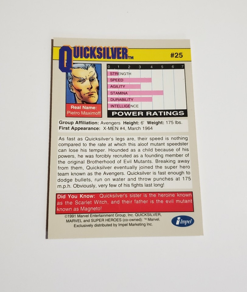 Marvel Impel 1991 Quicksilver Super Heroes Trading Card 25 MCU Series 2 ...