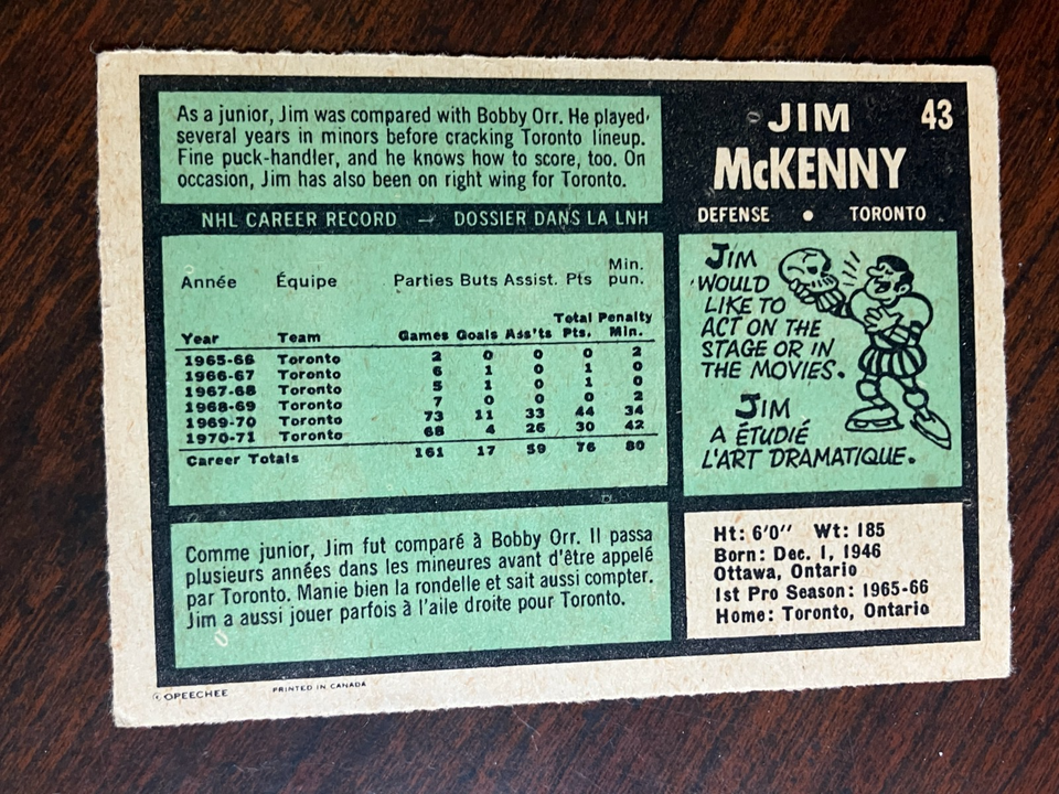 1971-72 OPC (O-PEE-CHEE) NHL HOCKEY: #43 JIM McKENNY RC, TORONTO MAPLE ...