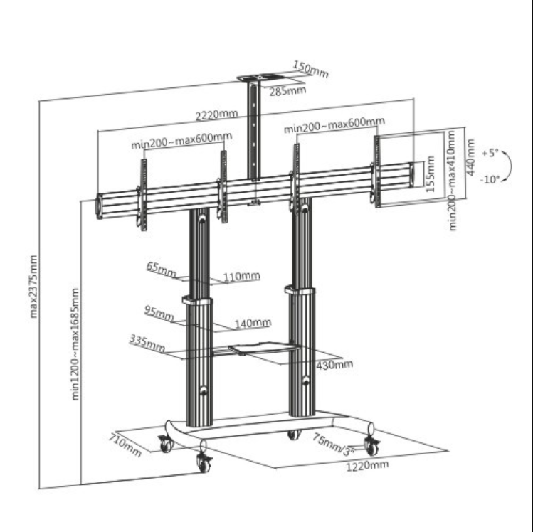 Brateck Dual Screen Aluminum Height Adjustable TV Cart with Media Shelf ...