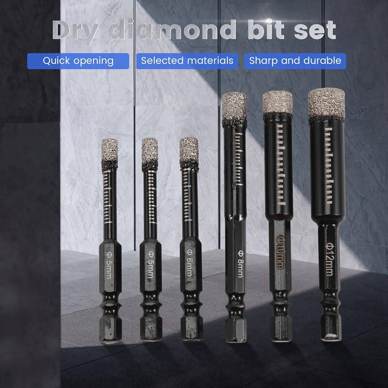 6Pc Black Dry Diamond Drill Bits Set for Ceramic Marble Tile Stone6971 ...