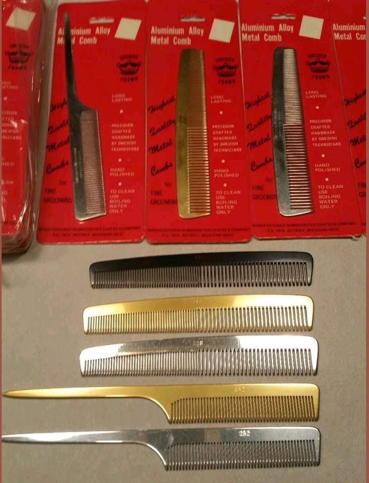 VINTAGE SWEDISH CROWN ALUMINUM METAL RAT TAIL COMB 252 SWEDEN BARBER ...