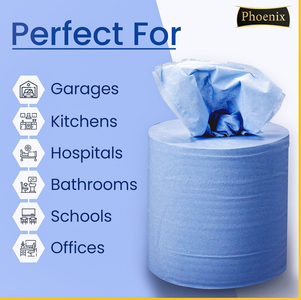 12 x Blue Centre Feed 2 Ply Embossed Paper Wipe Pull Rolls Wipes ...