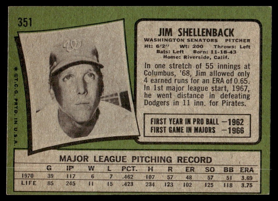 1971 Topps #351 Jim Shellenback Washington Senators VG-VGEX (mc) | eBay