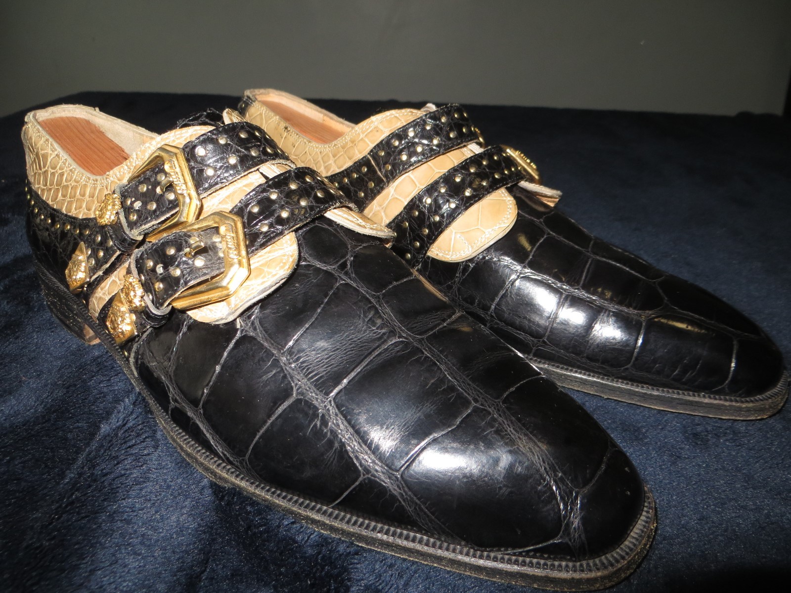 MAURI Italy Rare Alligator Black Gold Medusa Double Monk Strap Loafer ...