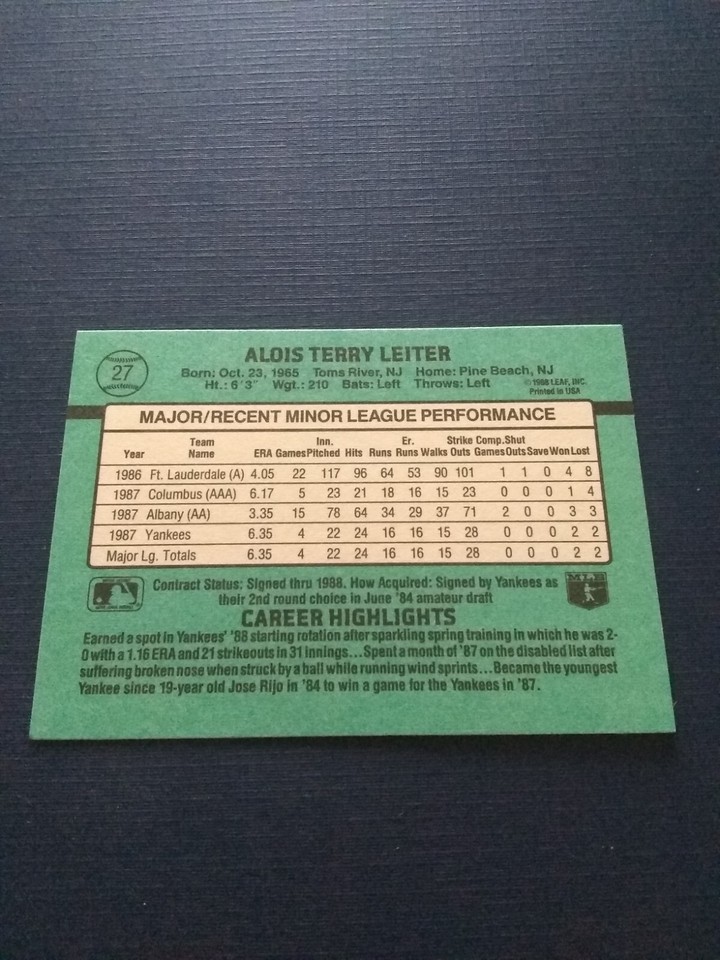 1988 Donruss The Rookies Baseball Al Leiter Rookie Card #27 Factory Set ...