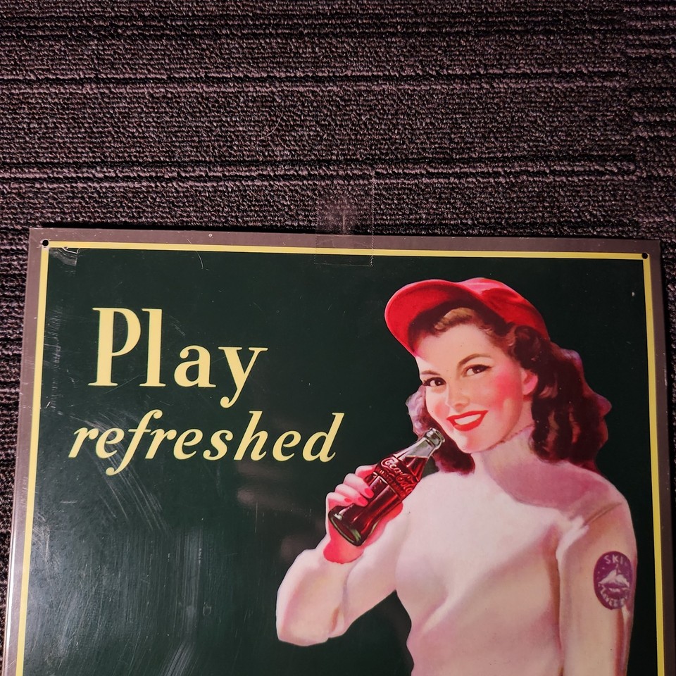 1998 Coca Cola Play Refreshed Metal Tin Sign Retro Pin Up Wall Decor | eBay