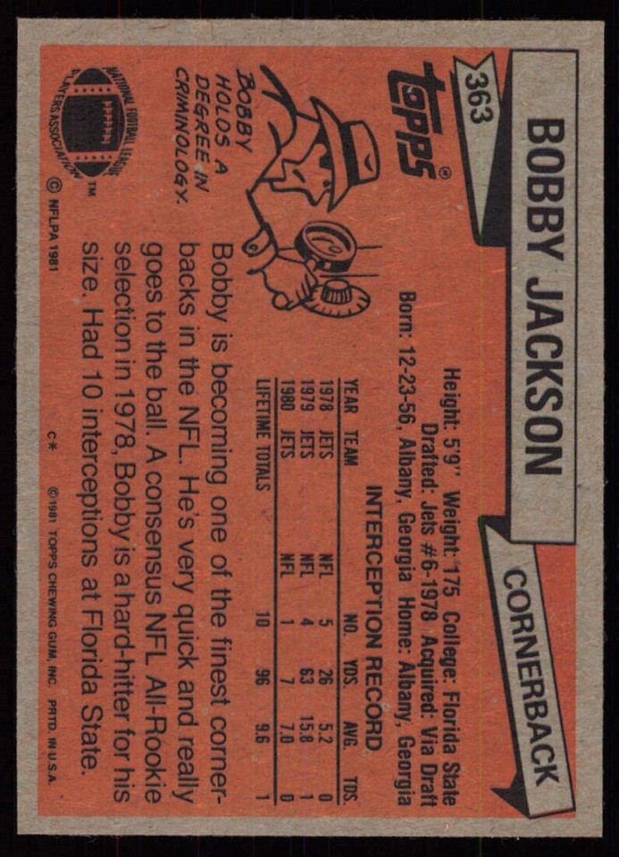1981 Topps Bobby Jackson New York Jets #363 | eBay