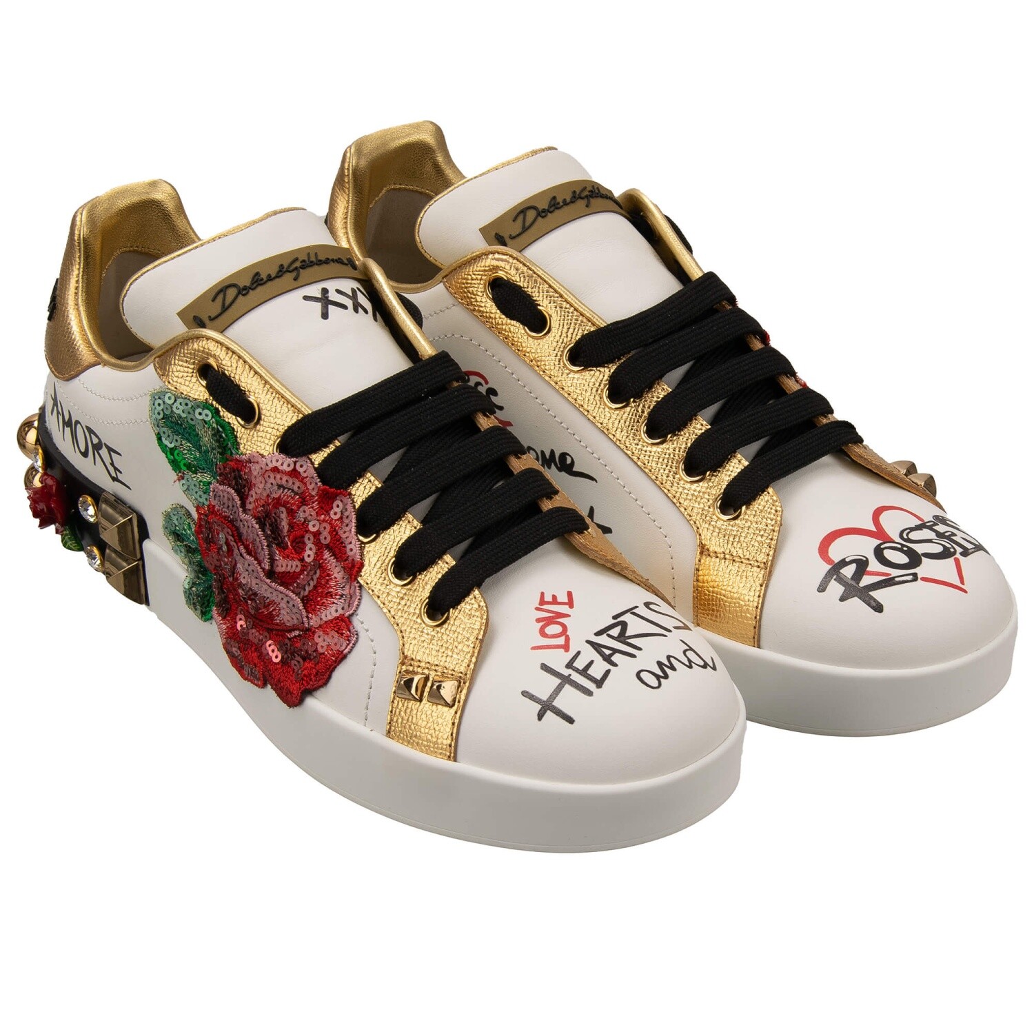DOLCE & GABBANA Crystal Rose Heart DG Logo Sneaker PORTOFINO White Gold ...