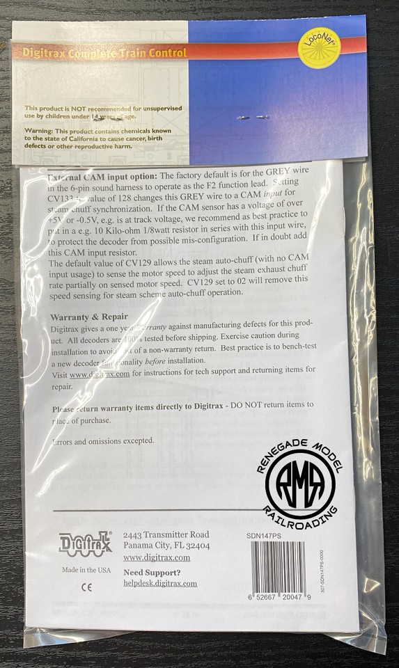 Digitrax SDN147PS Series 7 DCC Sound Decoder N Scale NIB
