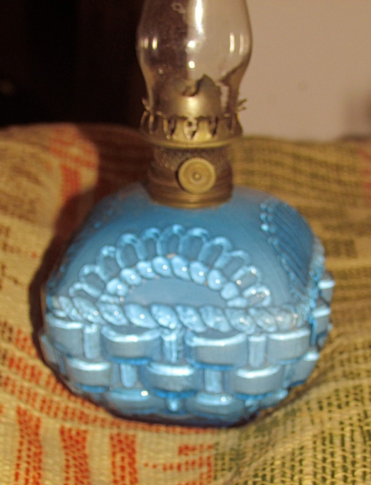 Antique light blue cased glass miniature oil lamp basketweave rope ...