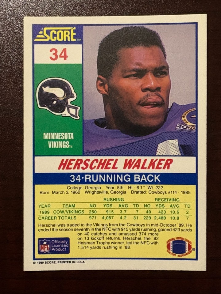 1990 Score Football Herschel Walker #34 Minnesota Vikings NFL | eBay