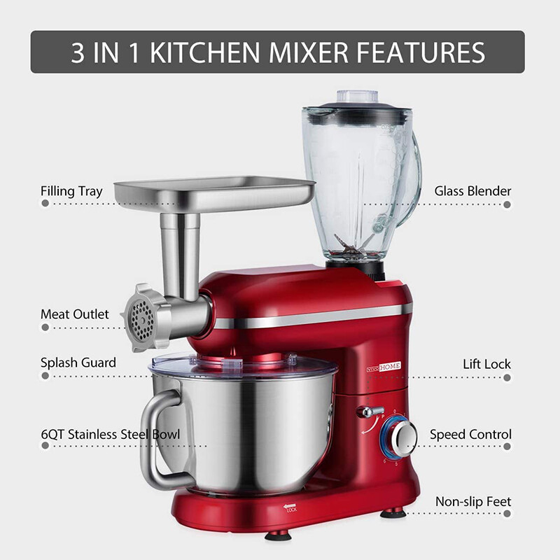 3 in 1 6 Quart Stand Mixer 650W 6-Speed Meat Grinder Juice Blender ETL ...