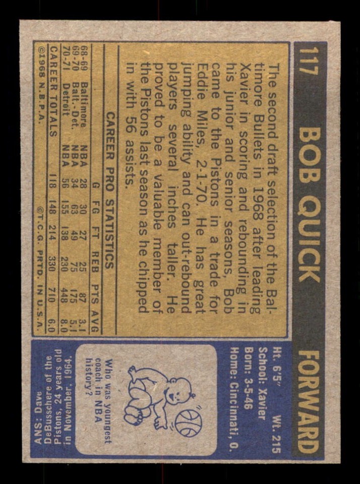 1971 Topps Basketball #117 Bob Quick EX/MT *e1 | eBay