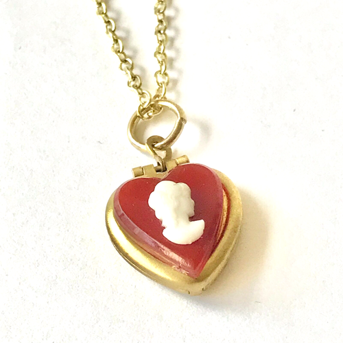 Vintage Cameo Heart Locket Necklace Gold Plated Coral Red Dainty Small ...