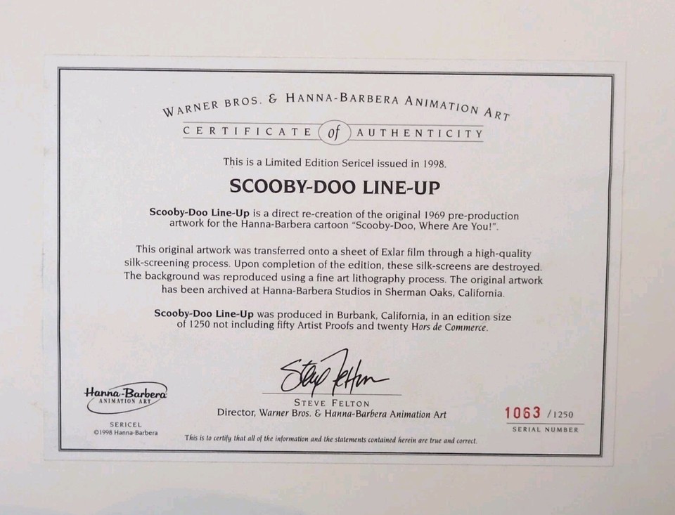 Scooby Doo Line Up Hanna-Barbera Animation Art Sericel Limited Edition ...