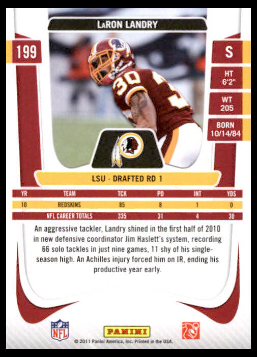 2011 Panini Prestige #199 LaRon Landry Washington Redskins Football ...