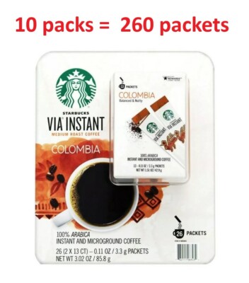10 BOXES=260 PACKS STARBUCKS VIA INSTANT COFFEE MED ROAST COLUMBIA BEST ...