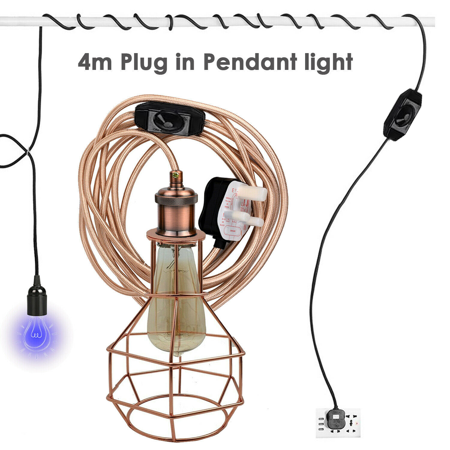 E27 Vintage Fabric Flex Cable Plug In Pendant Lamp Lighting 4M Set Cage ...