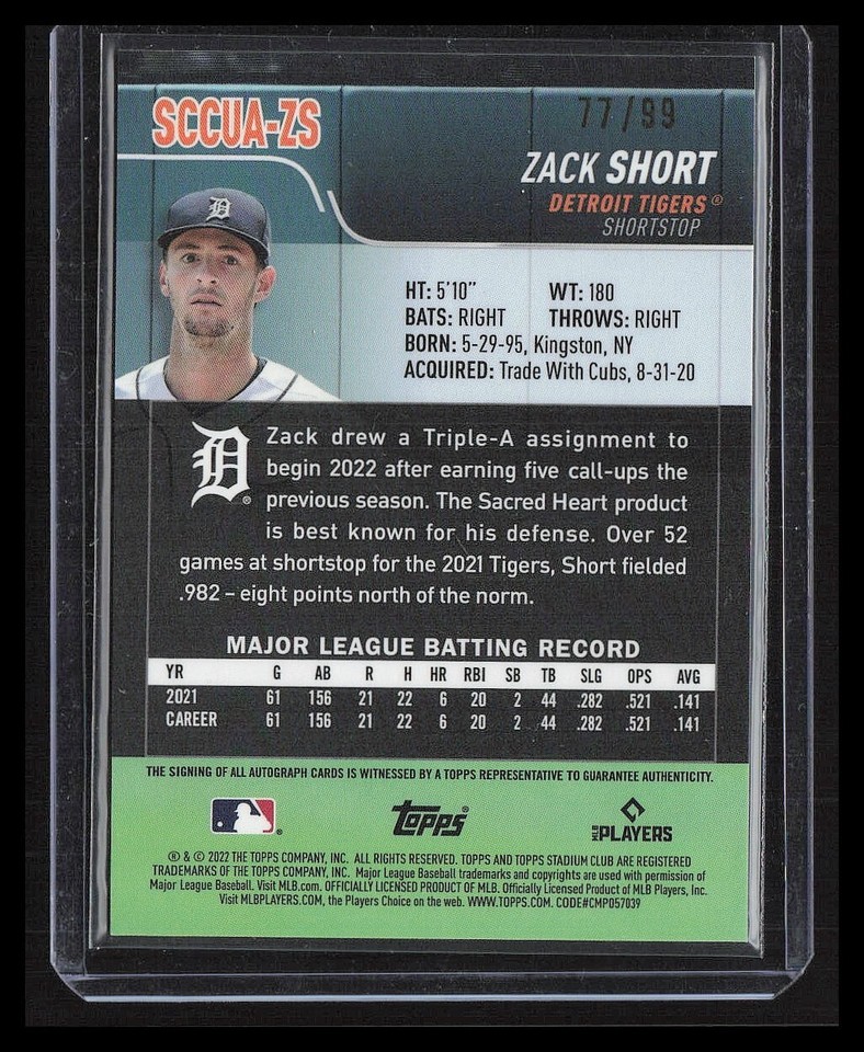 ZACK SHORT 2022 Stadium Club Chrome Green Autograph 77/99 RC - Detroit ...
