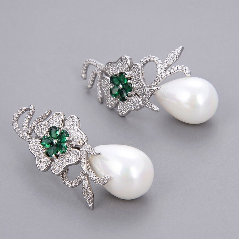 Teardrop White Sea Shell Pearl Green Cz Pave Flower Stud Earrings Lady ...