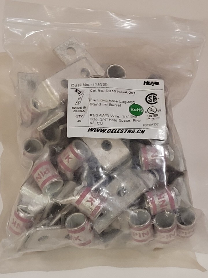 Die 42 Pink Lug FlexTwo Hole 90D Standard Barrel #1/0 AWG 1/4" Bolt, 3/ ...