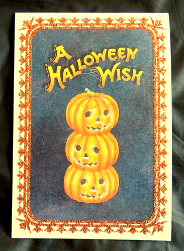 HALLOWEEN vintage repro Hallmark CARD glitter 3 JACK-O-LANTERNS ~ NEW ...