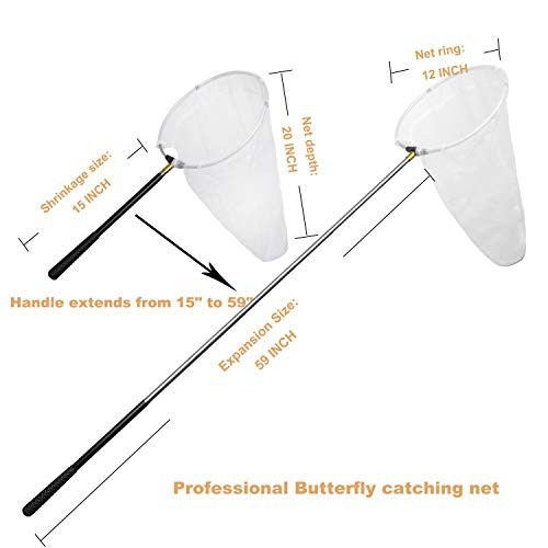 Insect and Butterfly Net with 12" Ring, Net Handle Extends to 59 Inches ...