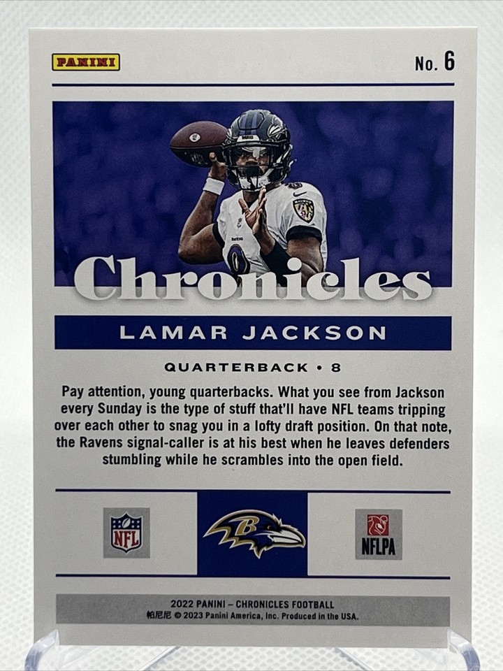 🏈Lamar Jackson #6 - 2022 Panini Chronicles Base Card - Baltimore Raven ...