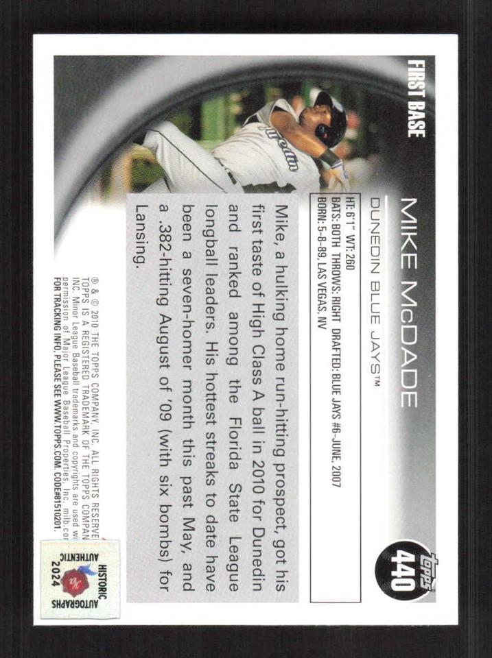 Mike McDade 2010 Topps Pro Debut Auto Dunedin Blue Jays #440 | eBay