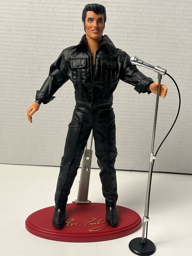 🎶1993 Elvis Presley Doll Dressed Black Leather Outfit Mic & Stand 1 Day ...