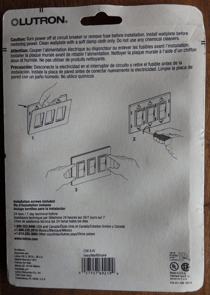 New Lutron Three Gang Decora Style Switch Plate Cover - Ivory color ...