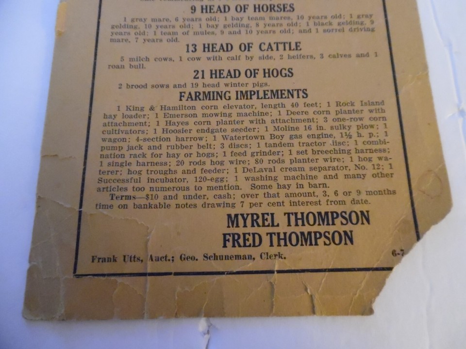 Antique 1923 Public Auction Small Poster: Horses/Cattle/Hogs/Farming ...