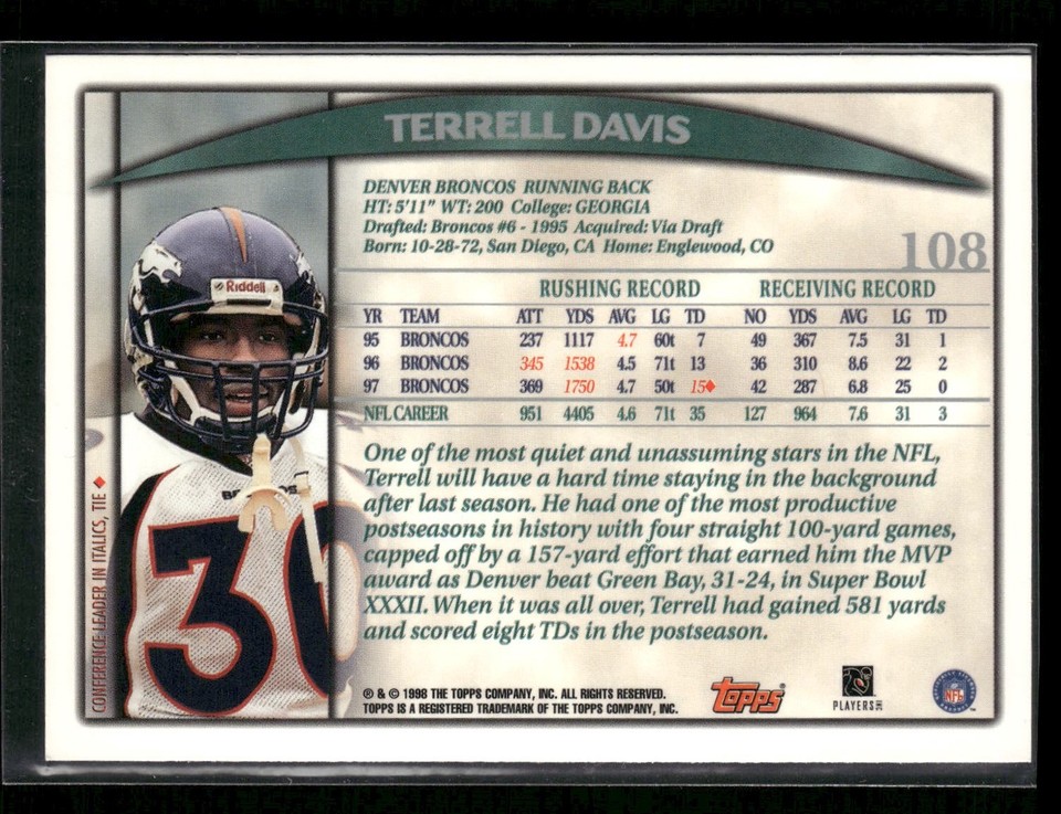 1998 Topps Season Opener #108 Terrell Davis Denver Broncos | eBay