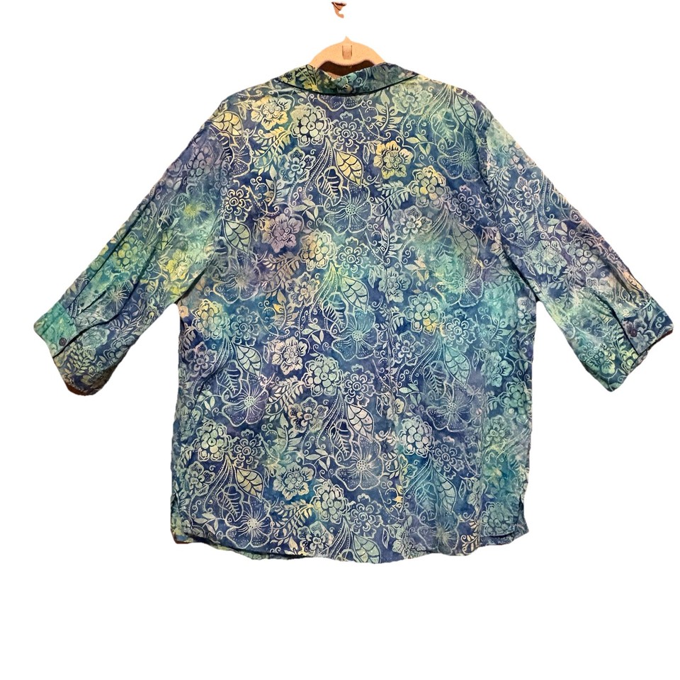 Catherines Women's 1X Blouse Blue Aqua Lime 3/4 Sleeve Button Up | eBay