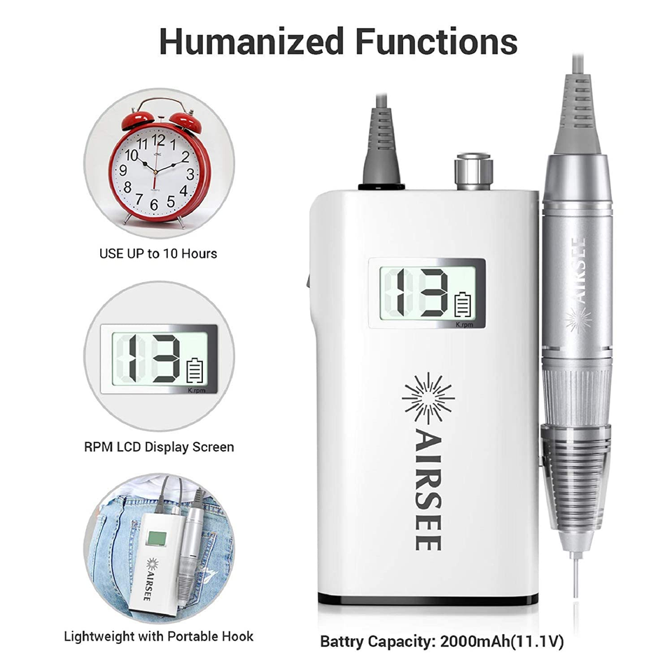 AIRSEE Rechargeable 30000RPM Electric Nail Drill Professional Portable ...