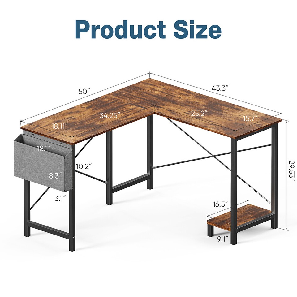 L Shaped Modern Computer Desk with Side Storage Bag,Wood Corner PC ...