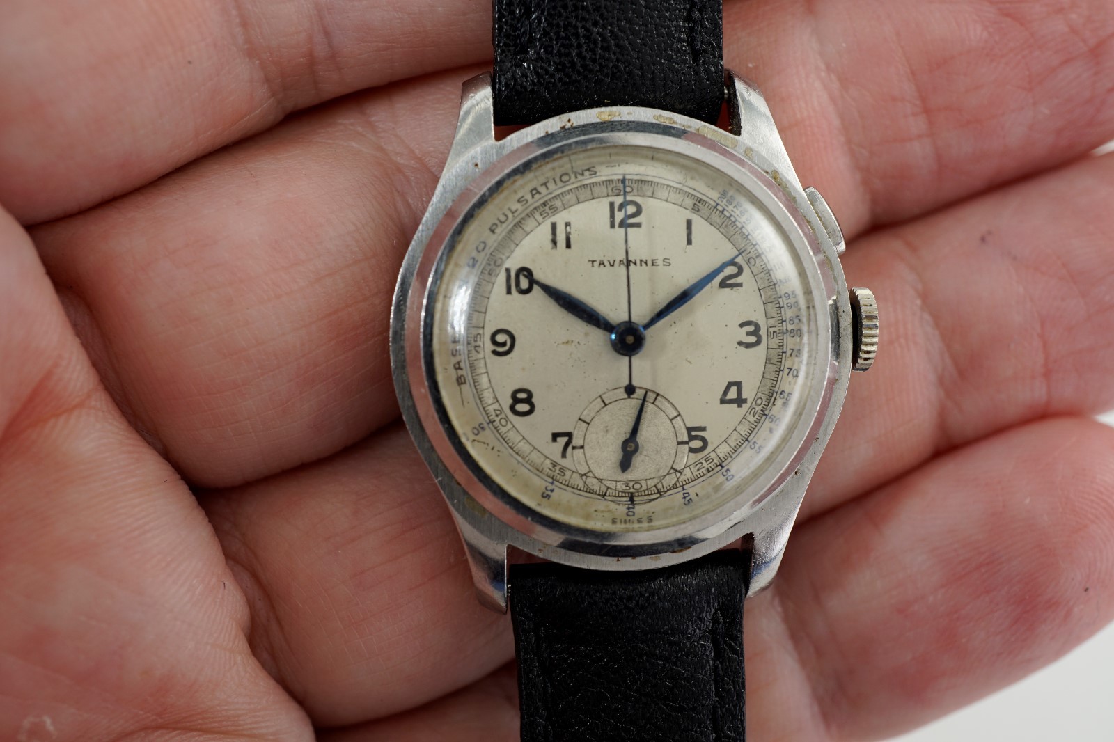 TAVANNES WATCH Co. SINGLE BUTTON PULSATIONS CHRONOGRAPH STAINLESS STEEL ...