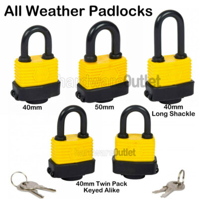Yellow & Black WEATHER RESISTANT Padlock 2 Sizes 40 50 Long or Standard ...