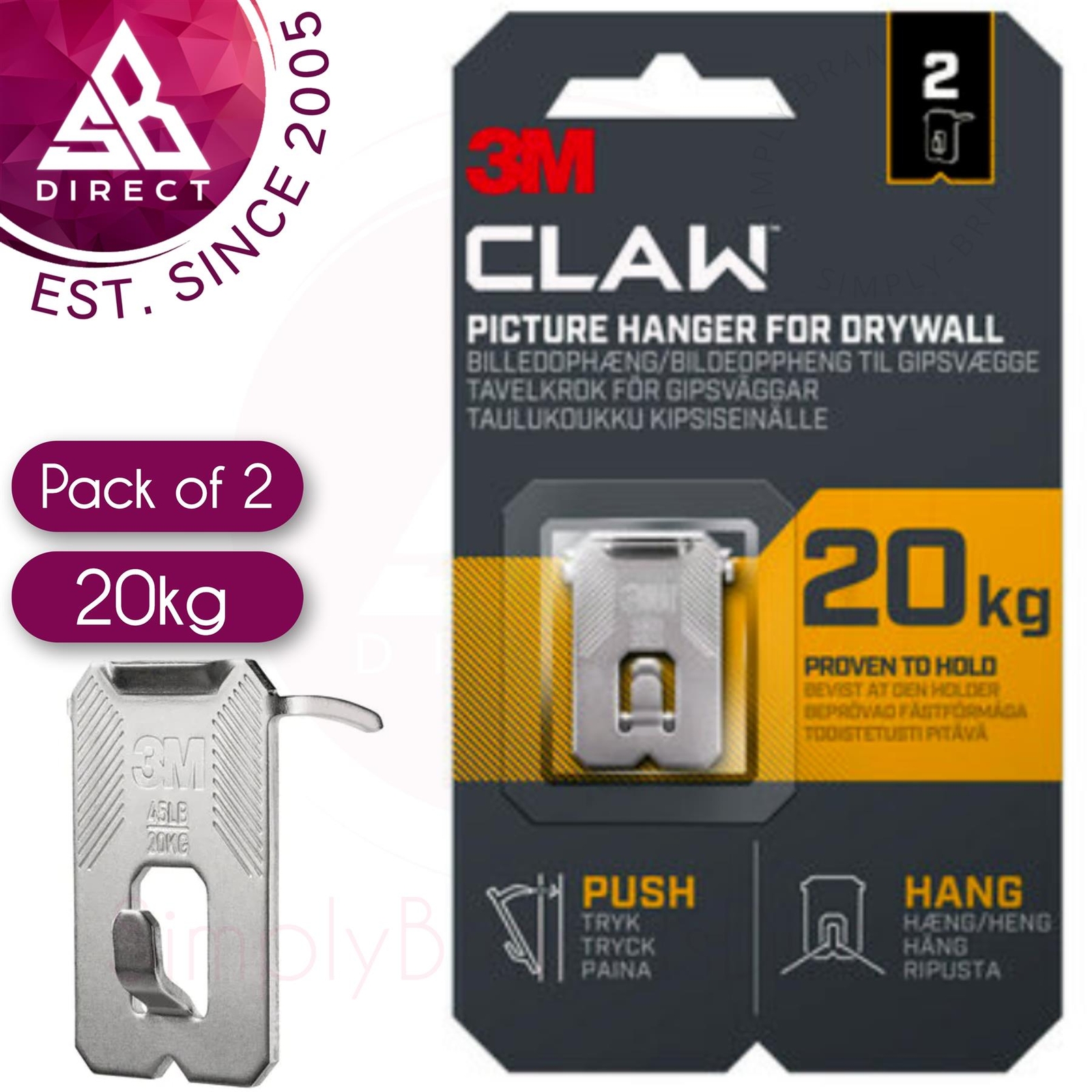 3M Claw Drywall Picture Hanger│Push & Hang│3PH20-2UKN│Holds 45 Lbs ...