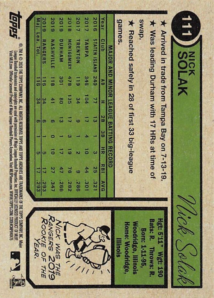 2020 Archives #111 Nick Solak NM-MT+ RC Rangers | eBay