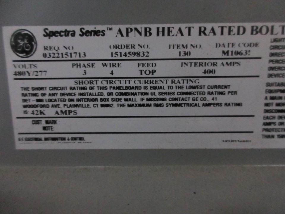 GE SPECTRA APNB Panelboard 400A Main Lug Only 277/480V 3PH4W CU BOLT ON ...