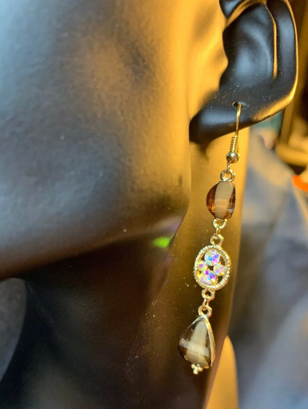 Brown & Creamy colored Beads Borealis Crystals Gold-tone Dangle Hooks 2 ...