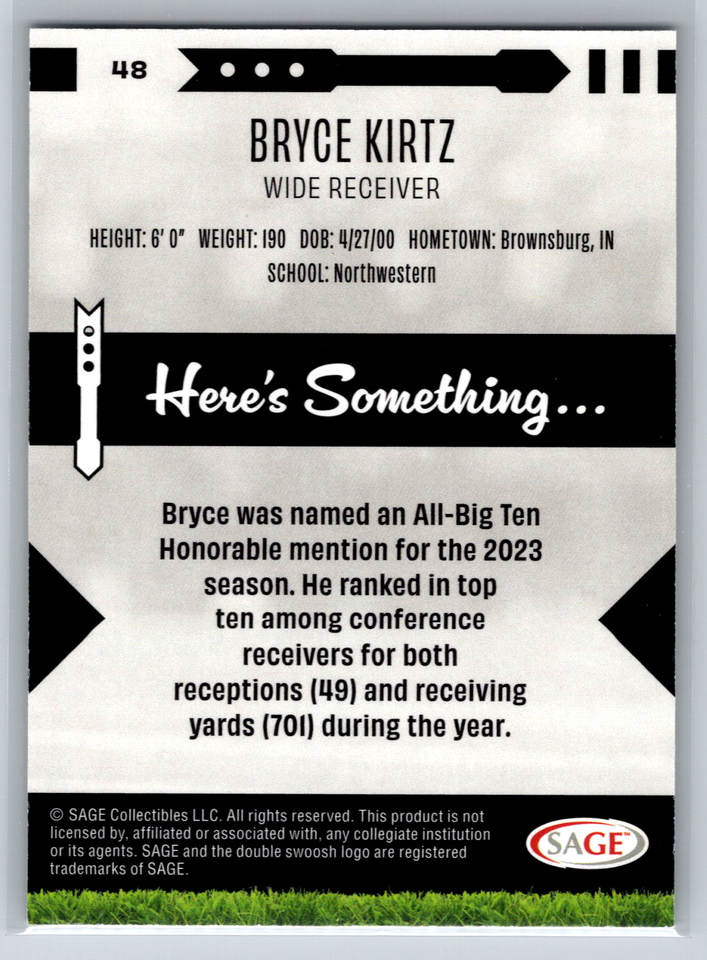 Bryce Kirtz 2025 Sage Low Series Black Rookie Card #48 Northwestern ...