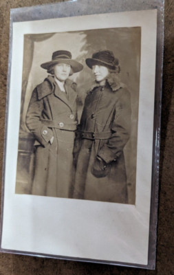 1920 RPPC Postcard "2 Sisters dressed to be secret agents (nice hats ...