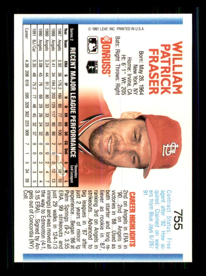 1992 BASEBALL 1992 Donruss Willie Fraser St. Louis Cardinals #755 1 | eBay