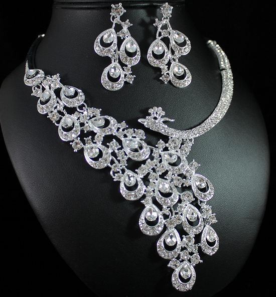 Peacock Clear Austrian Rhinestone Crystal Necklace Earrings Set Bridal